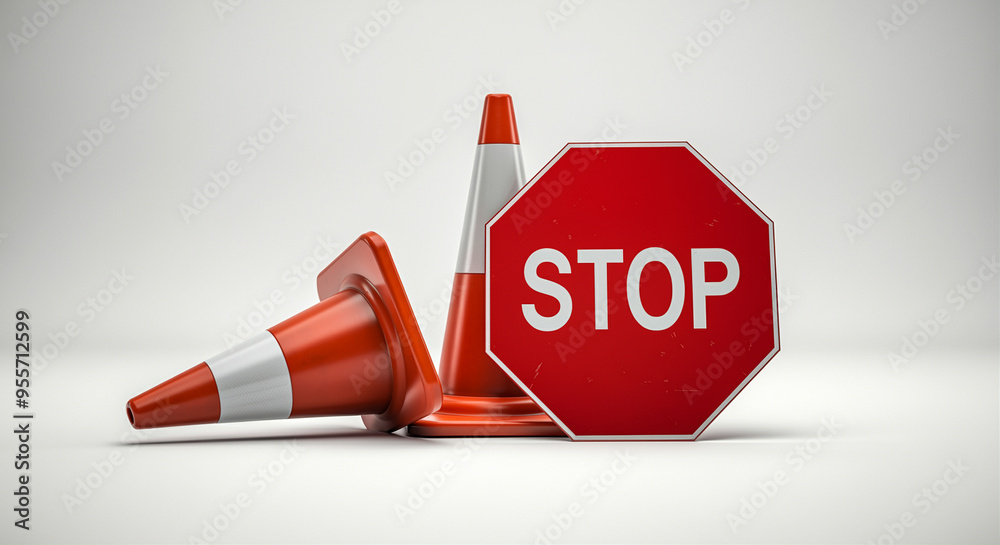 Traffic cones and stop sign on a neutral background emphasizing safety ...