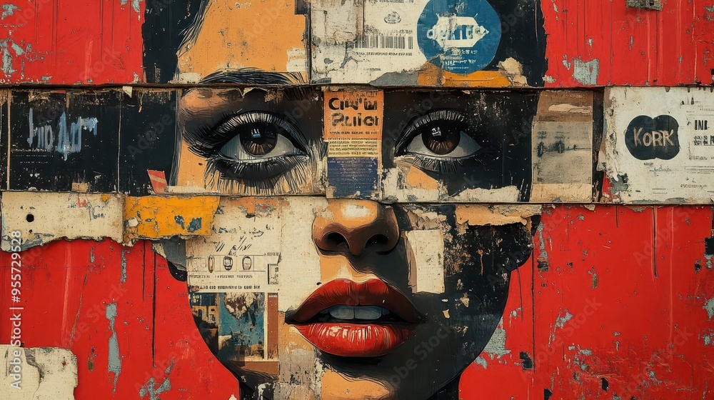 urban art collage featuring torn street posters with bold halftone ...