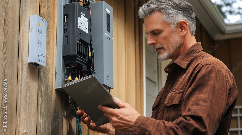 Homeowner checking electrical panel for maintenance outside house in ...