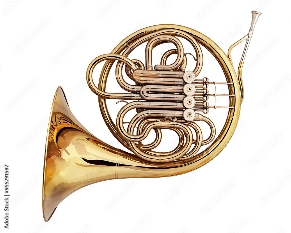 watercolor clipart illustration of Classical french horn,with isolated ...