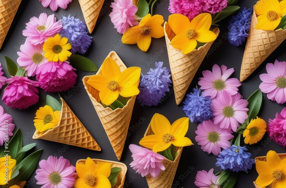 bright pattern of spring fowers in a waffle ice cream cone, over light ...