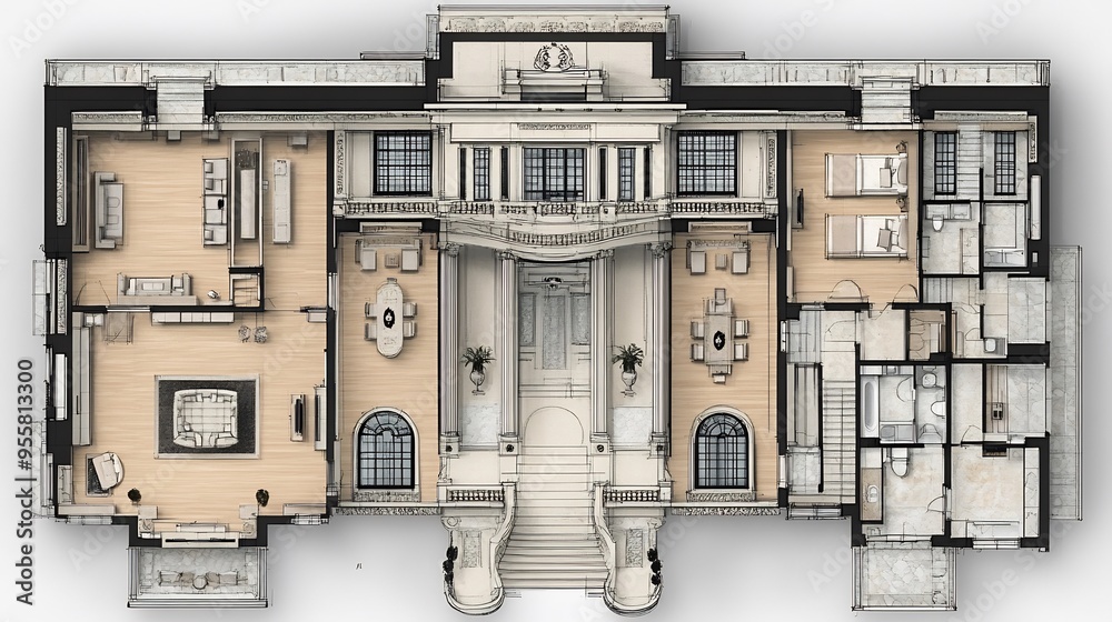 Floor plan blueprint of luxury mansion with detailed layouts and ...