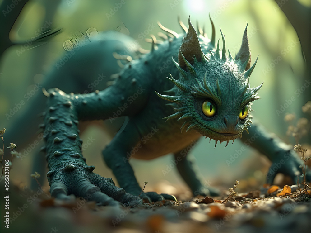 Lifelike 3D fantasy animal with a stylized smile, twisted armor and ...