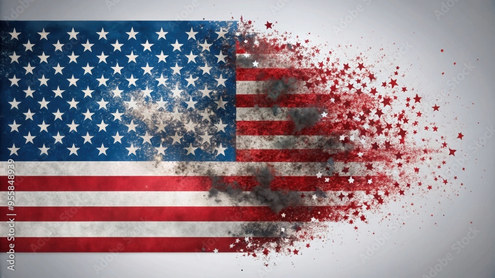 Disintegrating American flag symbolizing decay and division, patriotism ...