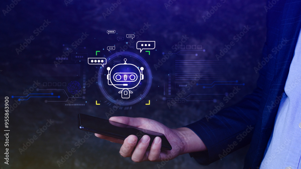 Businessman using smartphone for digital chatbot, robot application ...