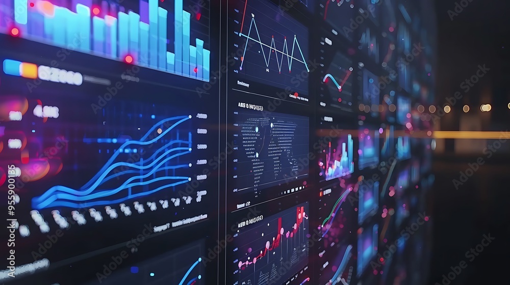 Wall screens displaying a variety of data visualizations, charts, and graphs wall is a metaphor ...