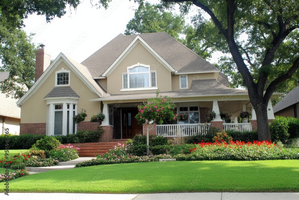 Elegant Middle-Class Home with Beautiful Landscaping and Suburban ...