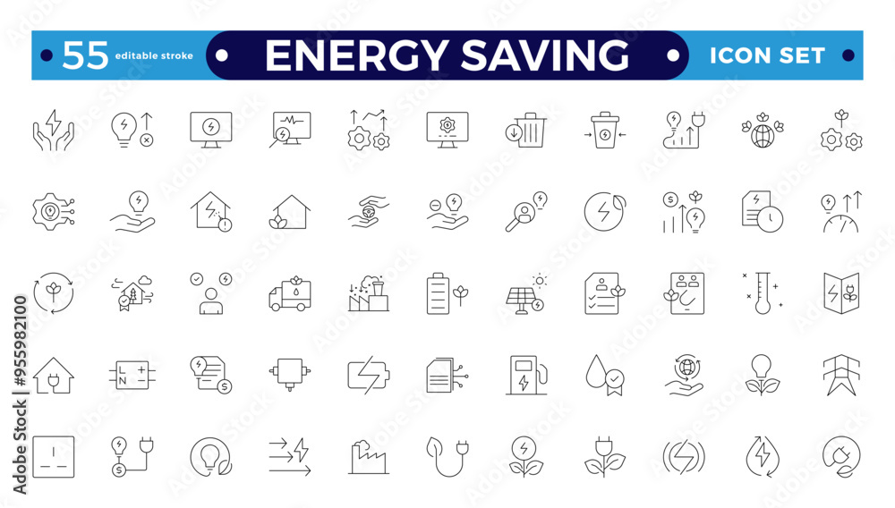 Energy Saving outline icon set with conservation, reduce waste ...