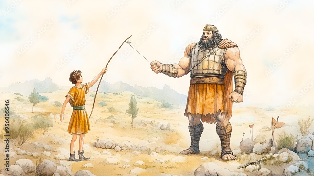 Watercolor illustration David and Goliath Bible story of young Shepherd ...