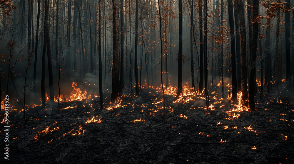 seen from the edge of the forest with trees that are almost scorched ...