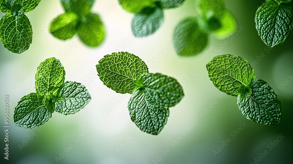 Mint leaves floating gracefully downwards, their vibrant green shades ...