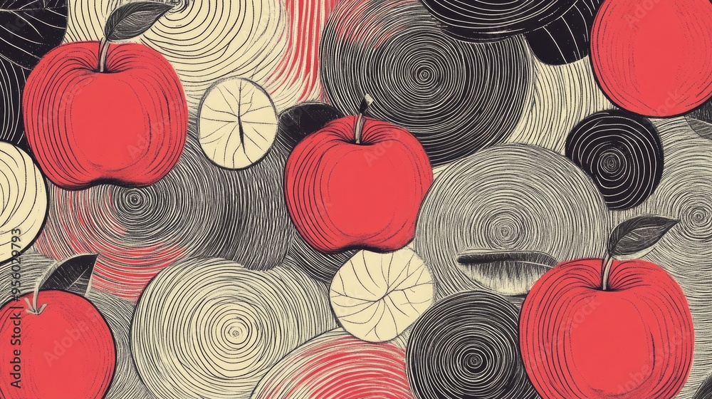 Line art illustration featuring a pattern of apples spirals stripes and ellipses with dashed ...