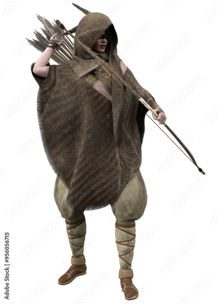 Full body render of a fantasy female huntress. Ranger archer aiming at ...