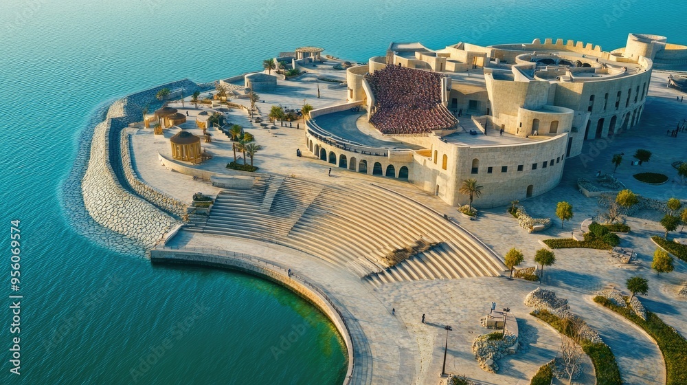 Aerial view of the Katara Cultural Village with its amphitheater and ...