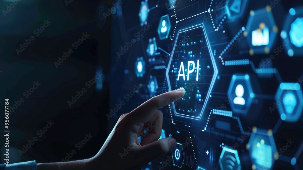 Finger pointing at a glowing API icon on a digital interface with blue ...