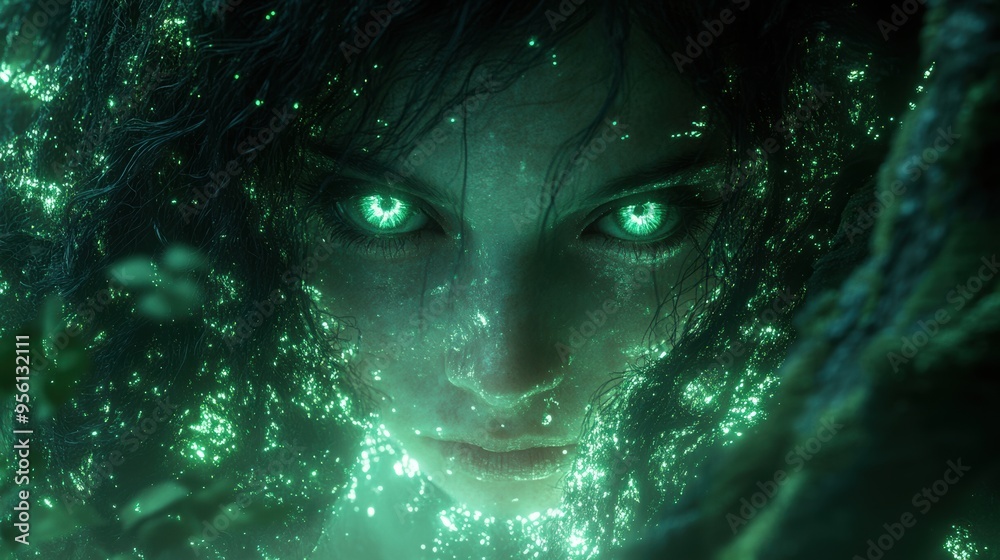 Close-up of a mysterious being with glowing green eyes and luminescent ...