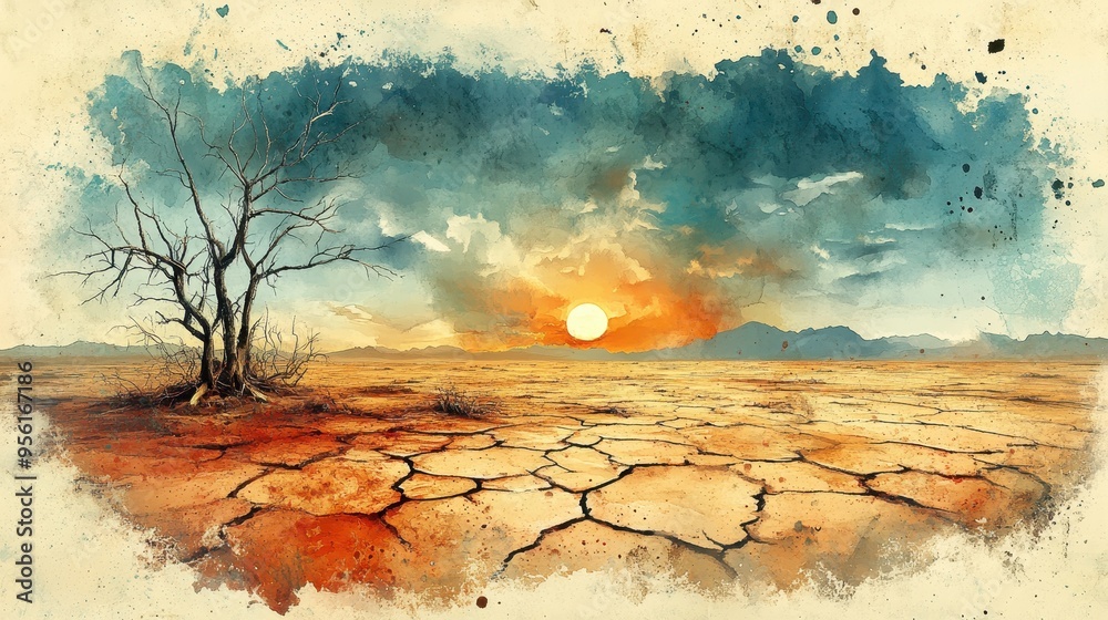 Arid Beauty: Watercolor Illustration of Drought's Impact on Cracked Mud ...