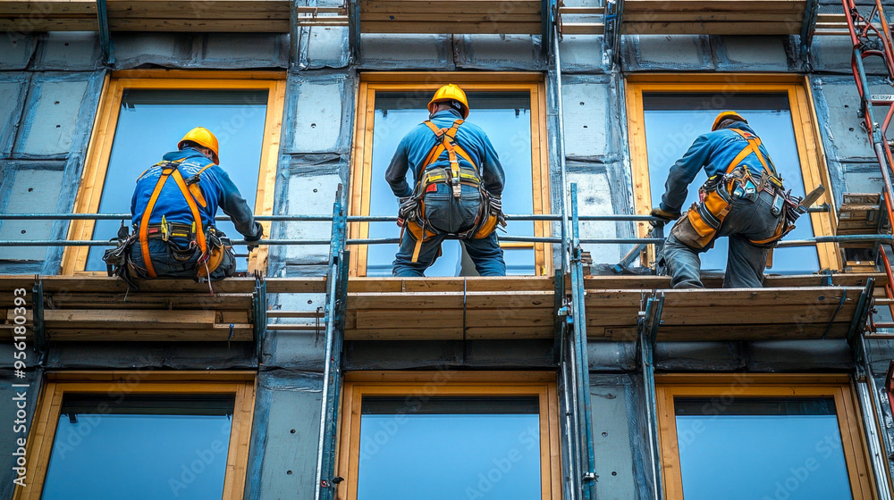 Construction workers with safety harnesses are putting in windows on a ...