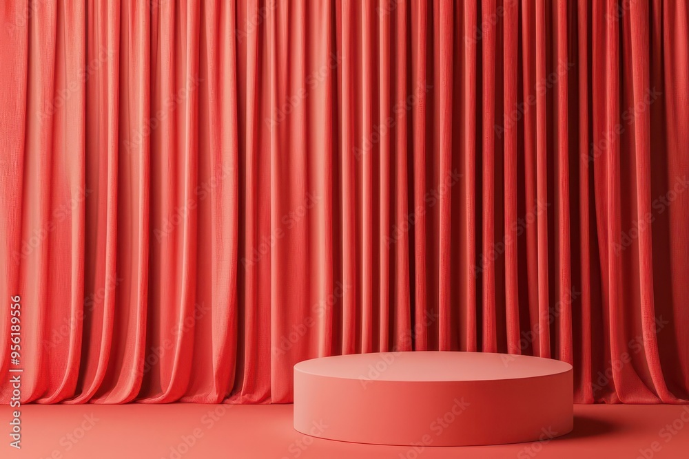 3d Mock up Velvet red podium with theater curtains and spotlight ...