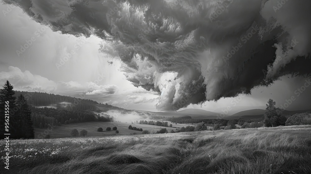 Summer storm cyclone over field hills and forest Big spooky scary heavy ...