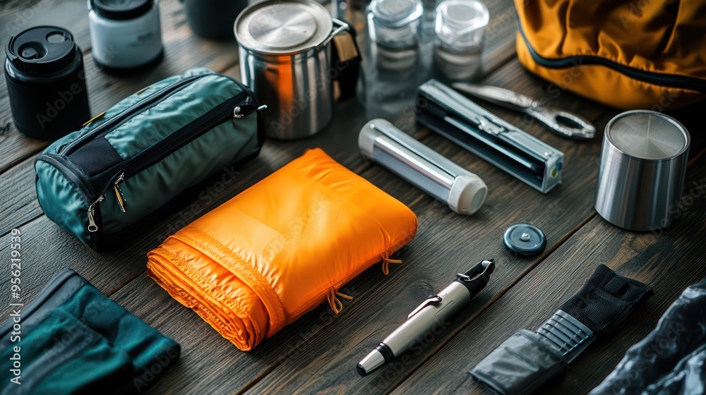 Emergency disaster kit layout with essentials like a multi-tool ...