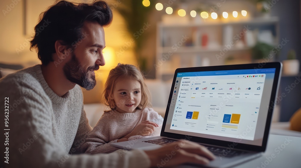 Parents setting up a co-parenting app on a laptop, arranging a balanced ...