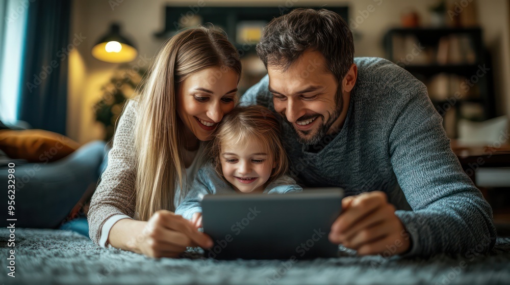 Parents setting up a digital family photo album, sharing pictures and ...
