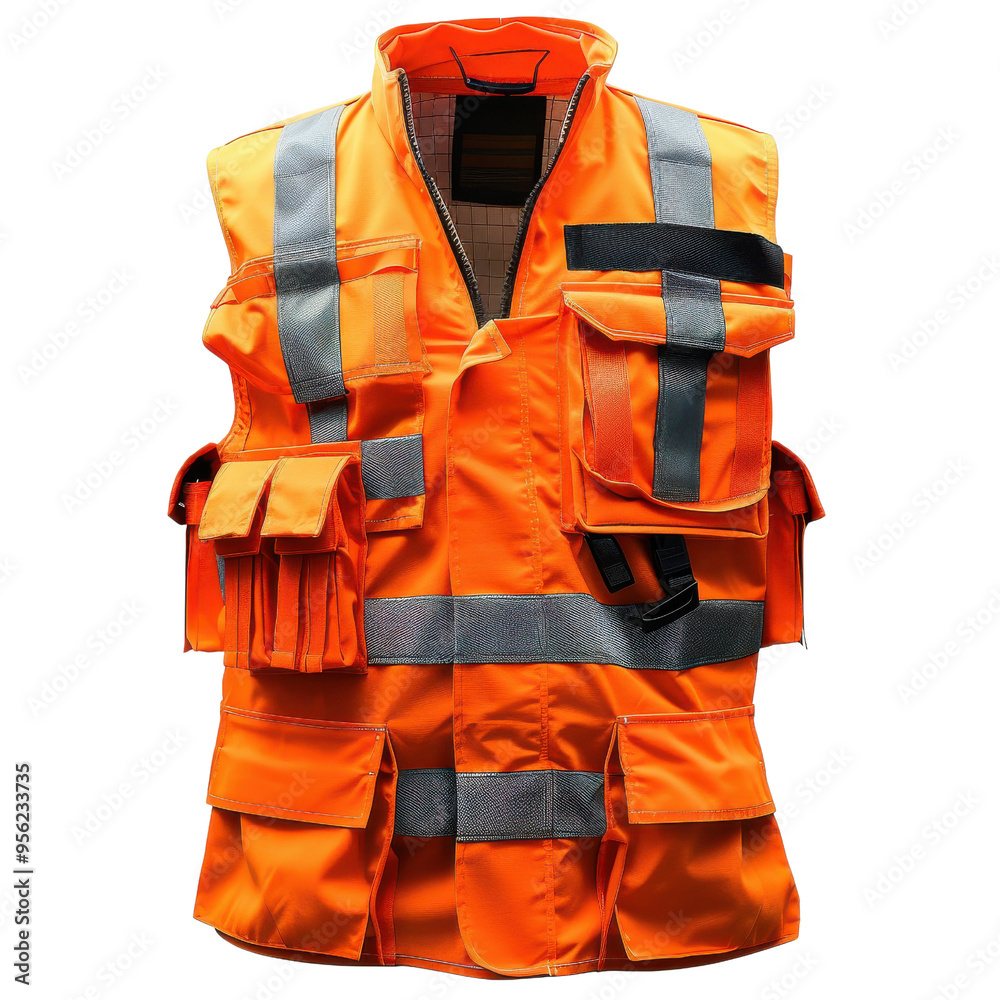 Bright orange safety vest with reflective stripes, designed for ...
