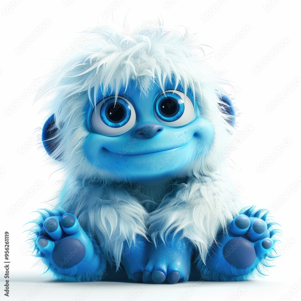 A cute cartoon baby yeti with blue fur and big blue eyes, sitting on a ...