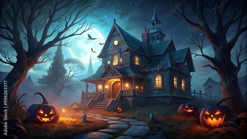 A spooky Halloween night scene featuring a haunted house with eerie ...