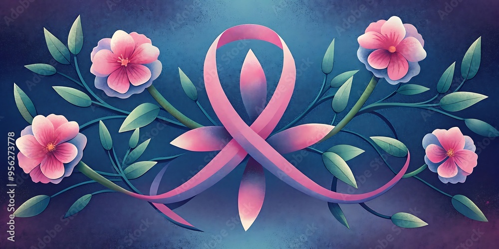 Pink Flowers and Awareness Ribbons on a Grainy Vintage Background ...