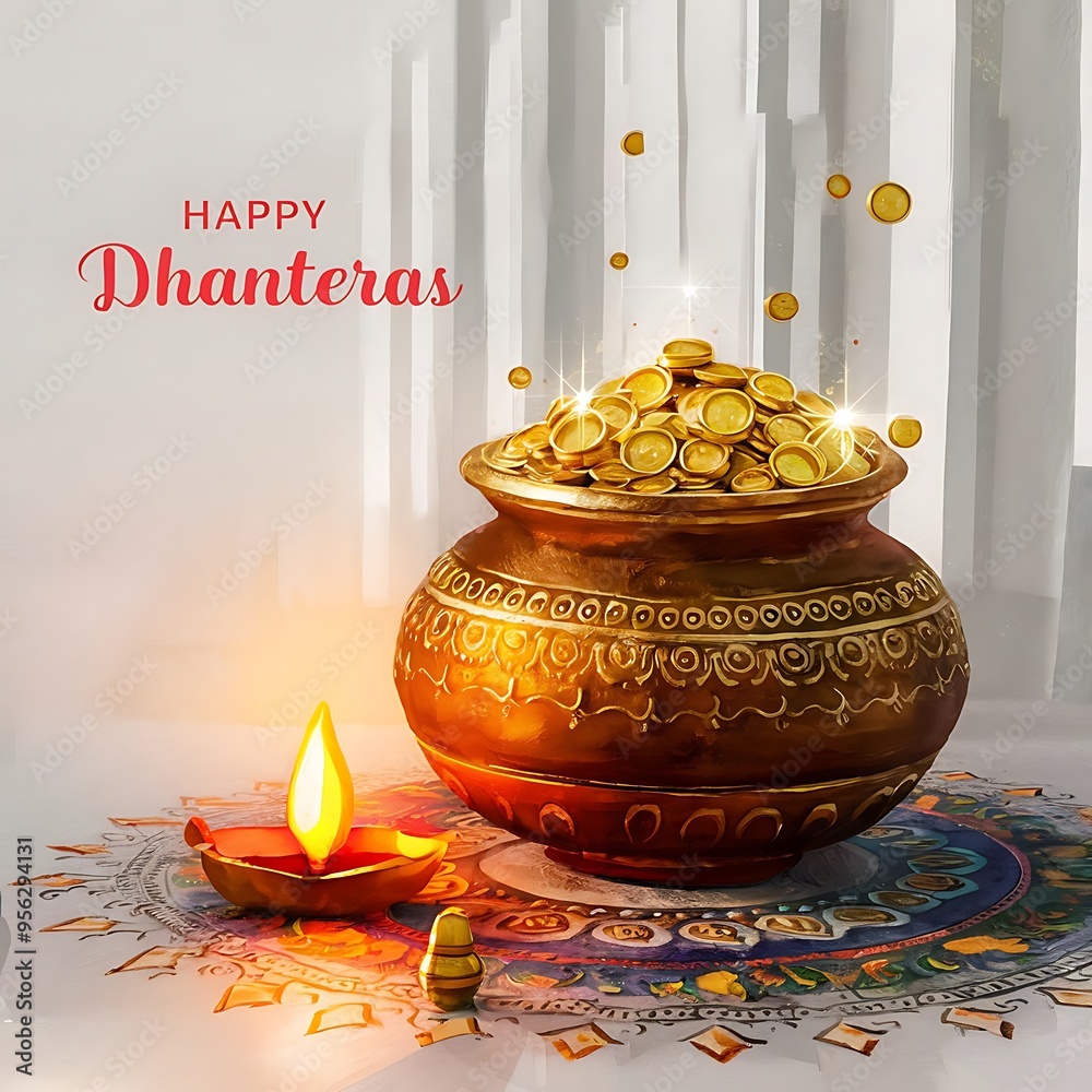 Happy dhanteras celebration with gold kalash and oil lamp diya diwali ...