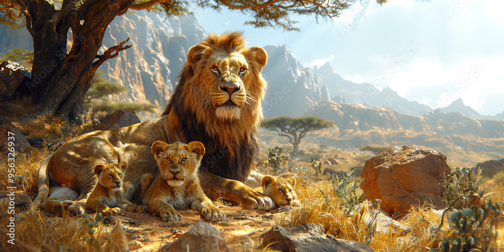 lion with lioness, cubs lie near tree in African savannah, family of ...