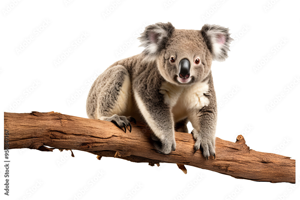Koala bear in a seated position with detailed fur texture on a ...