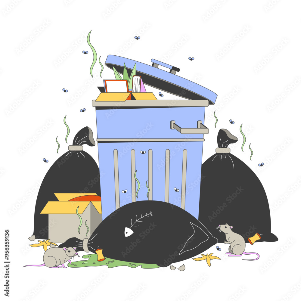 Smelly garbage container and bags with rats cartoon flat illustration ...