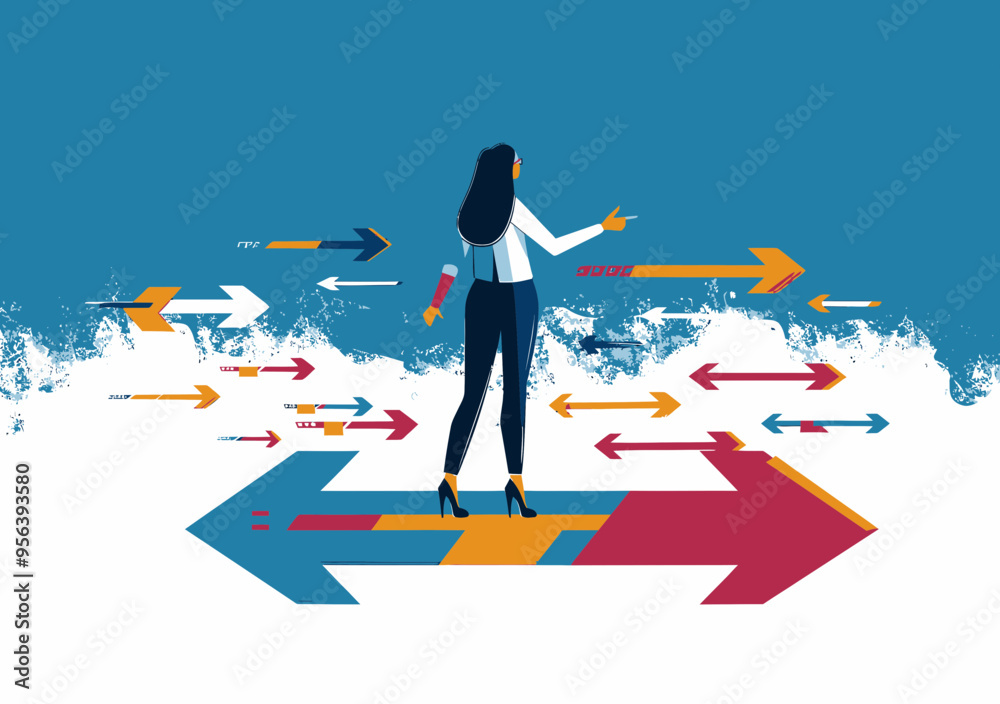 Female Leader Pointing Forward Standing on Arrows, Businesswoman ...