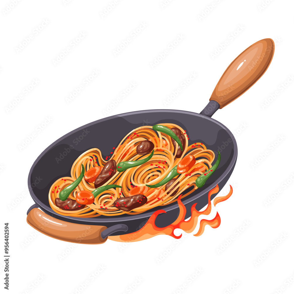 Cooking spicy noodles with meat and vegetables in cartoon wok on fire ...