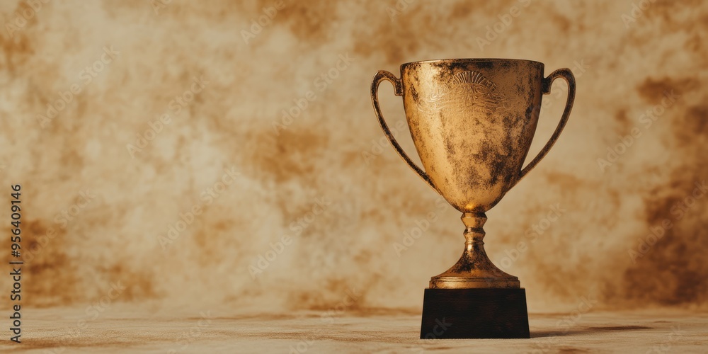 Retro trophy cup with classic engraving placed on worn wooden pedestal ...