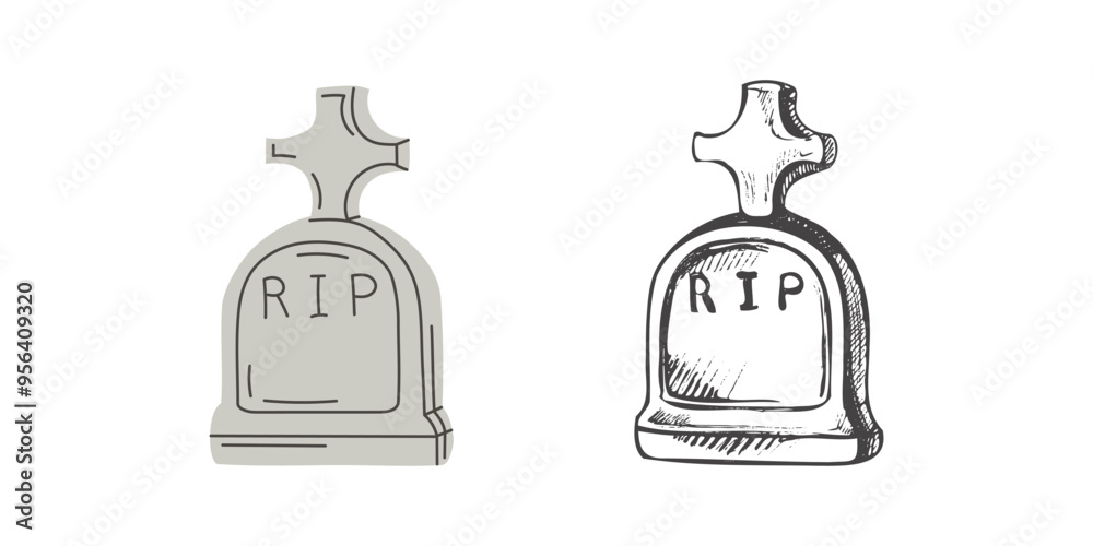 Old flat and hand drawn style murble stone tombstone with christian ...