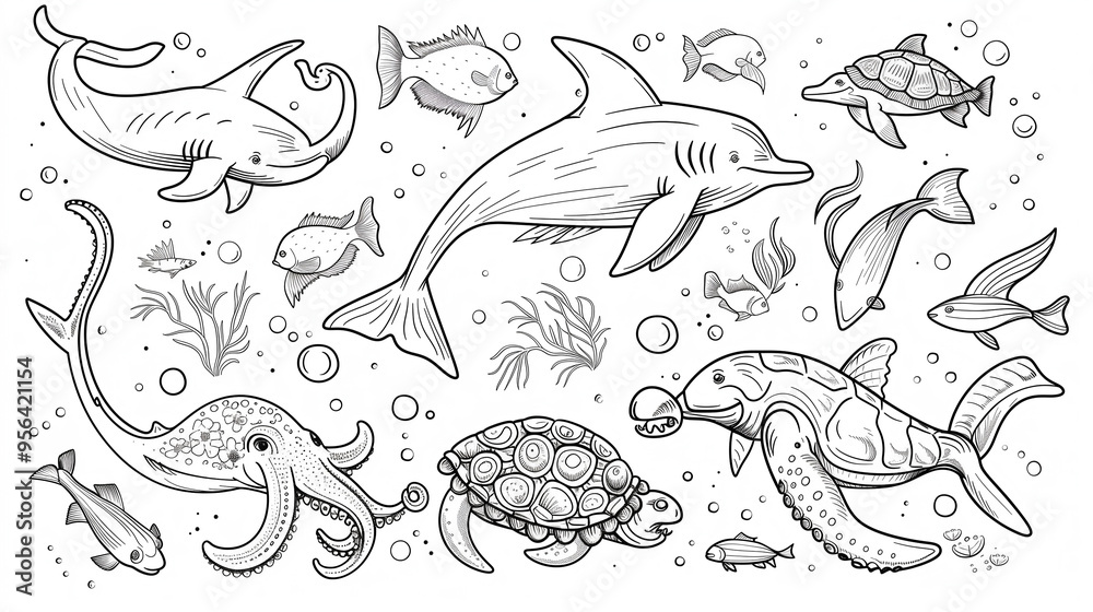 Outline for coloring, illustrations, ocean life – octopuses, sea ...