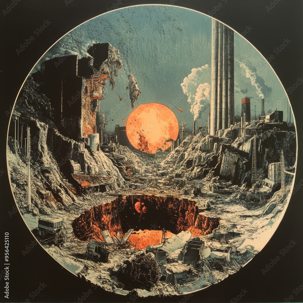 A surreal, apocalyptic landscape with a burning sun, crumbling ...