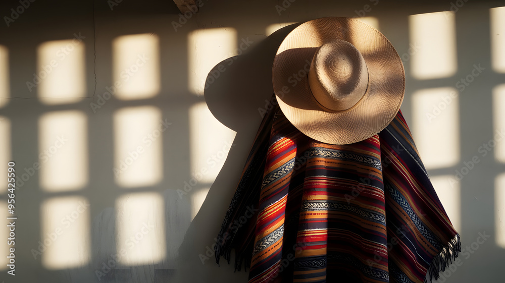 Iconic Chilean Huaso Hat and Poncho Hanging on a Wall with Shadows Cast ...