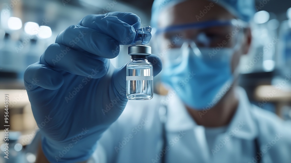 Medical personnel picking up vial of generic vaccine with more ...