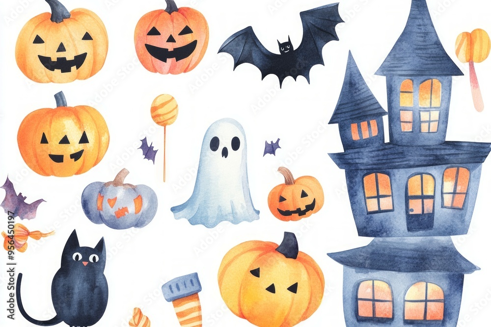 watercolor Halloween-themed clipart. Include elements such as pumpkins ...