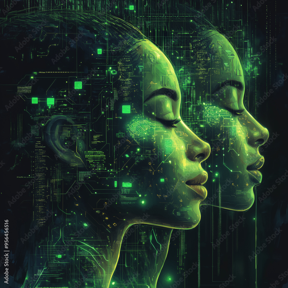 The image is a green and black computer generated face with a green ...