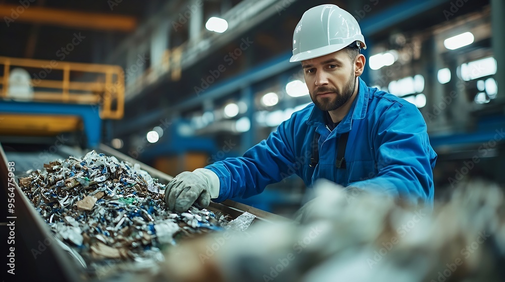 A technician wearing blue overalls and a white helmet operates ...