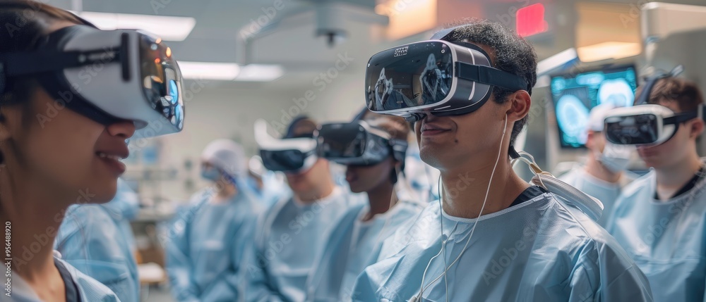 Medical students wearing VR headsets during immersive training in a ...
