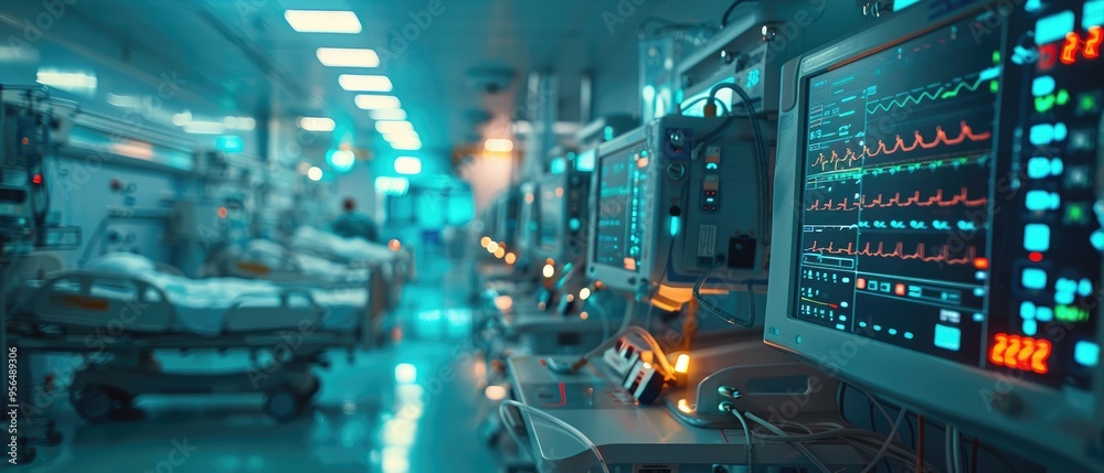 Modern intensive care unit with advanced medical equipment. Monitors ...