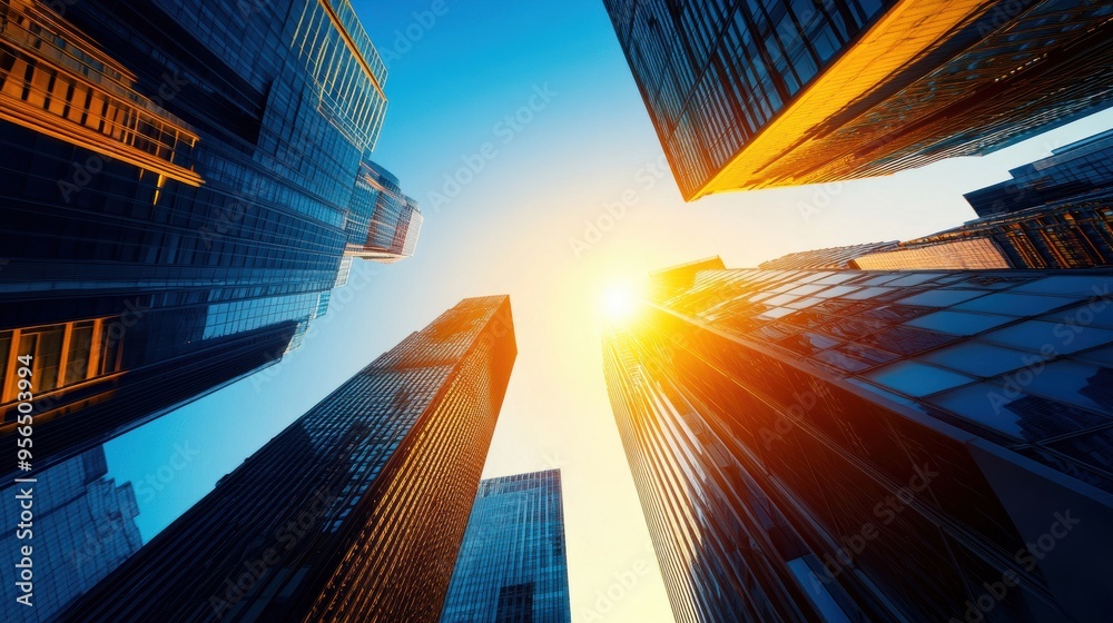 an epic establishing shot of towering skyscrapers in a bustling city ...