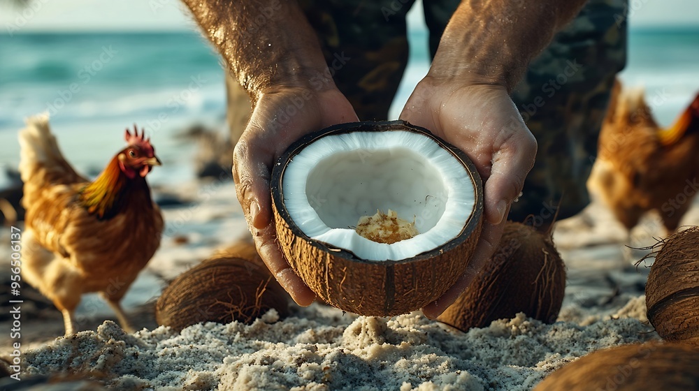 Foto de Stock Human hands hold coconut halves in chickens on beach ...